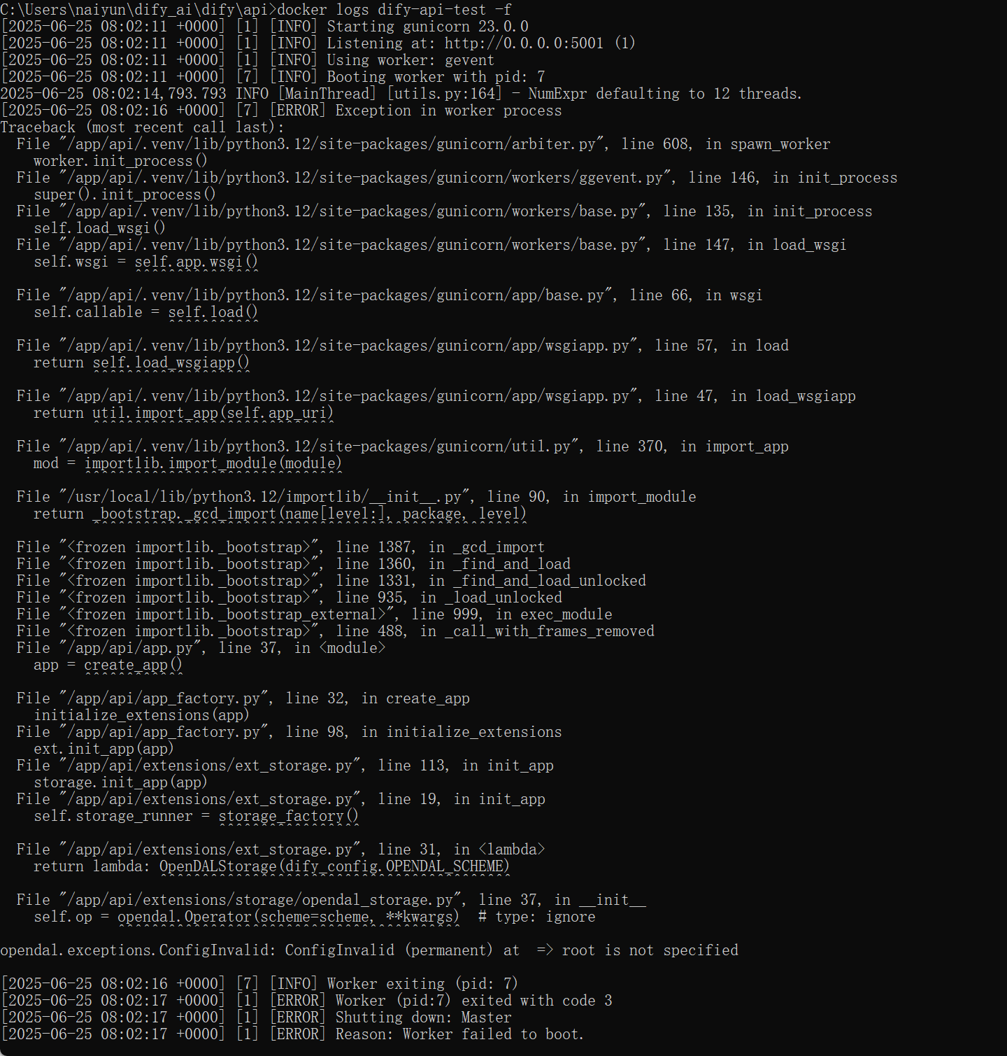 本地源码部署的dify，在构建镜像后，运行出现错误：opendal.ConfigInvalidError: ConfigInvalid (permanent) at =＞ root is ...