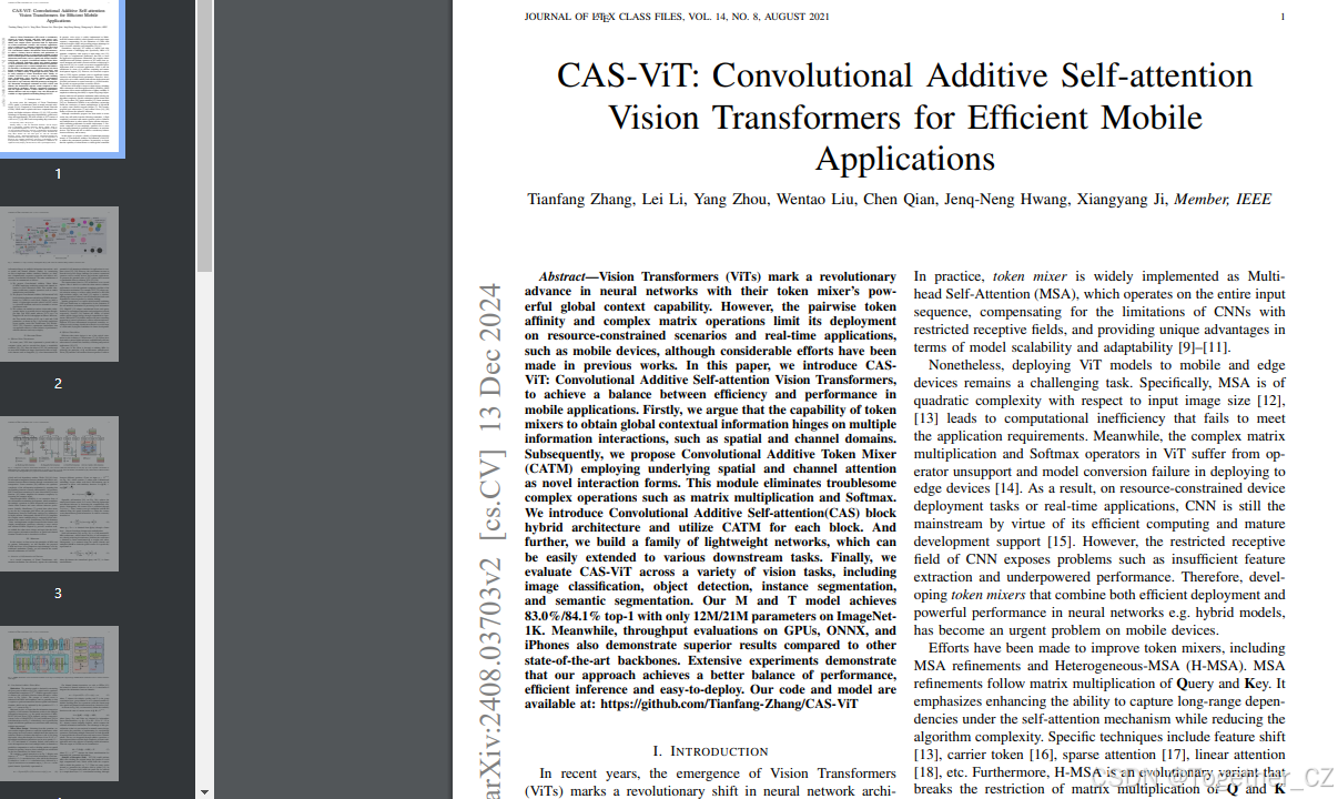 CAS-ViT: Convolutional Additive Self-attention Vision Transformers——用于高效移动应用的卷积加性自注意力视觉 ...