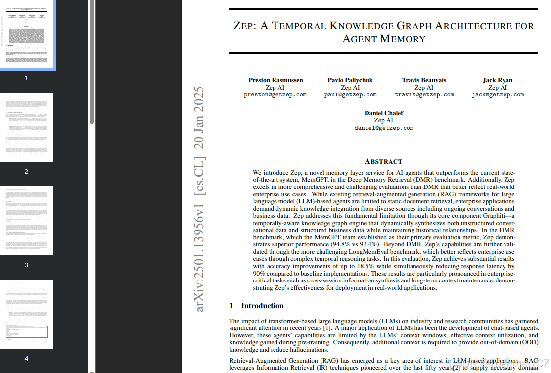 Zep: A Temporal Knowledge Graph Architecture for Agent Memory——一种用于代理记忆 ...