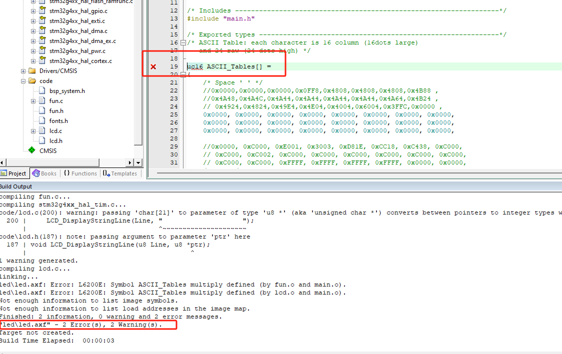 解决keil中的问题，led\led.axf: Error: L6200E: Symbol ASCII_Tables multiply defined (by fun.o and main.o ...