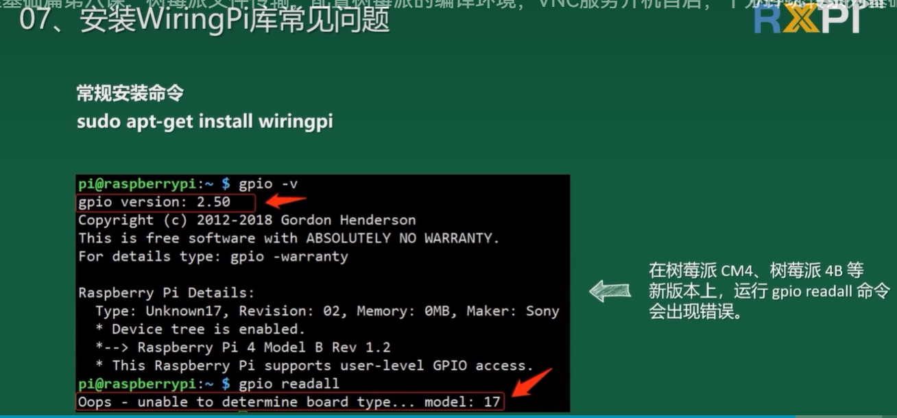 解决树莓派gpio readall 问题：pi@raspberrypi:~ $ gpio readallOops - unable to determine board type ...