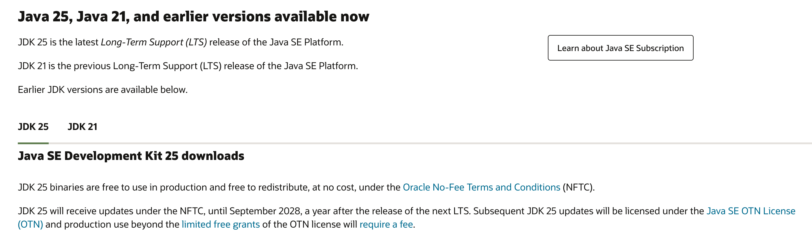 Oracle Java SE 25商业授权生效条件 —— JDK 25 will receive updates under the NFTC ...