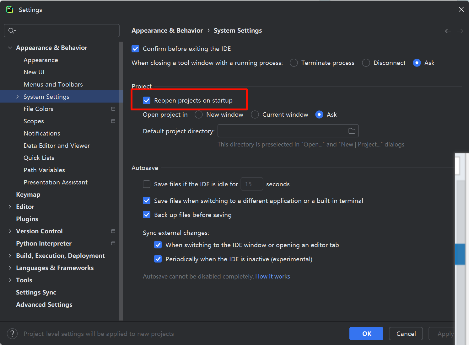 IntelliJ IDEA or Pycharm设置启动时不自动打开项目_idea设置启动不打开项目-CSDN博客