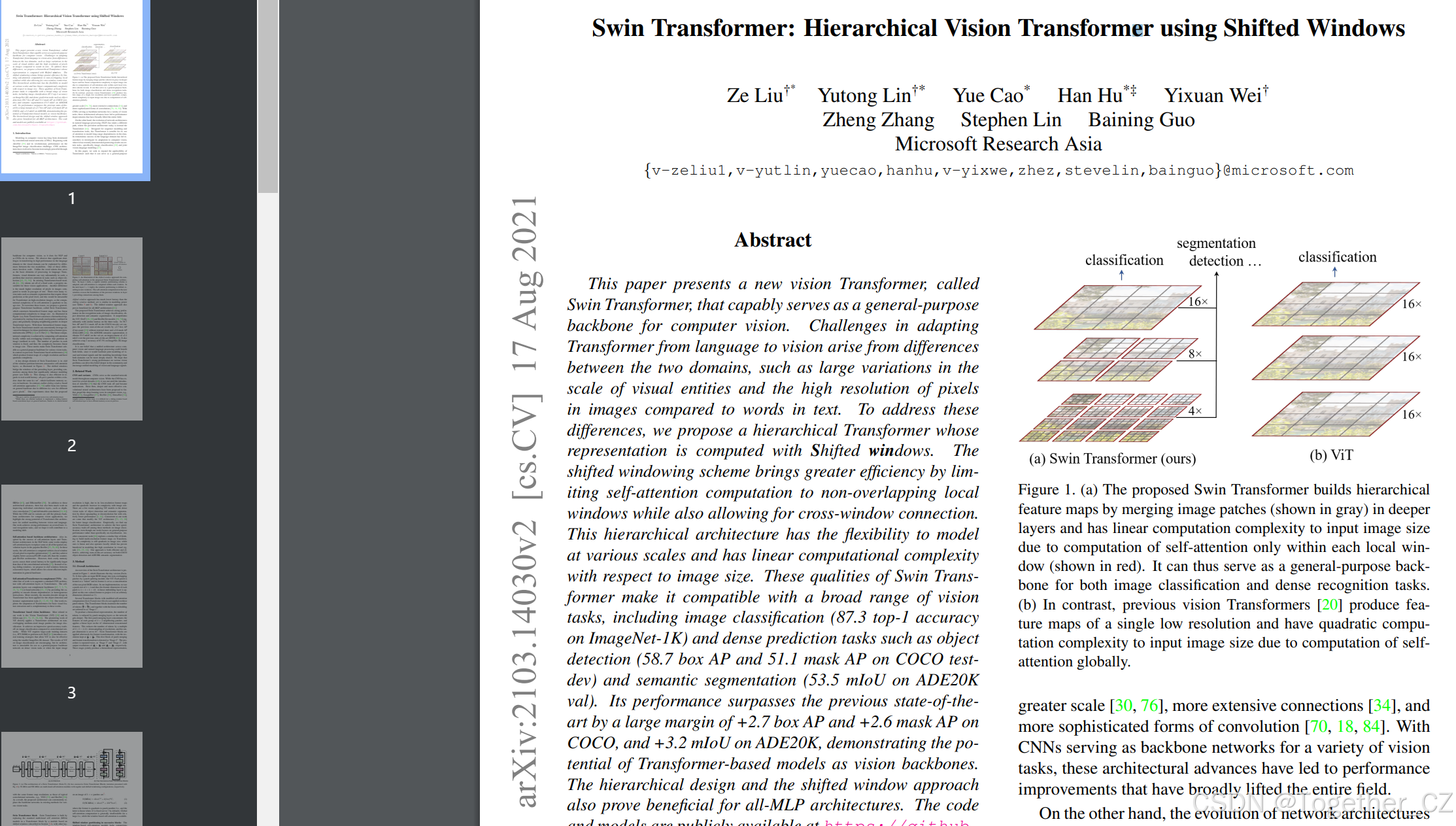 Swin Transformer: Hierarchical Vision Transformer using Shifted Windows——使用移位窗口的分层视觉Transformer ...