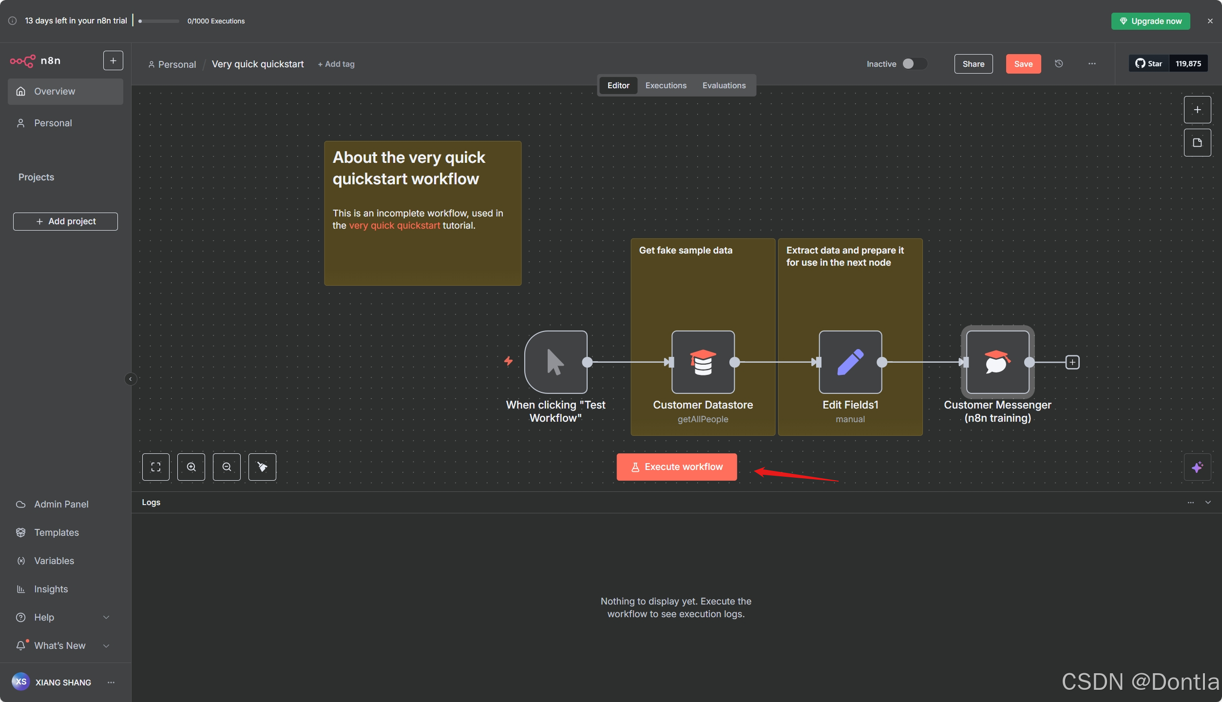 【n8n教程笔记——工作流Workflow】快速开始：1、超快速入门（The very quick quickstart）（生成假数据并删选输出）（n8n模板、n8n表达式）_n8n删除工作流 ...