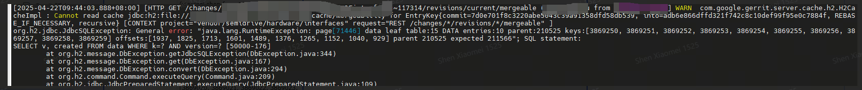 Gerrit 升级后报错：com.google.gerrit.server.cache.h2.H2CacheImpl : Cannot ...