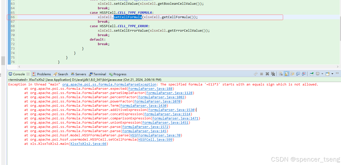 FormulaParseException:The specified formula ‘=E13*3‘ starts with an equals sign which is not ...
