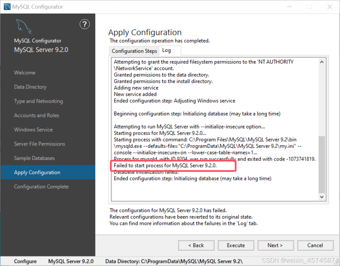 安装mysql提示初始化数据库失败(Failed to start process for MySQL Server)_failed to ...