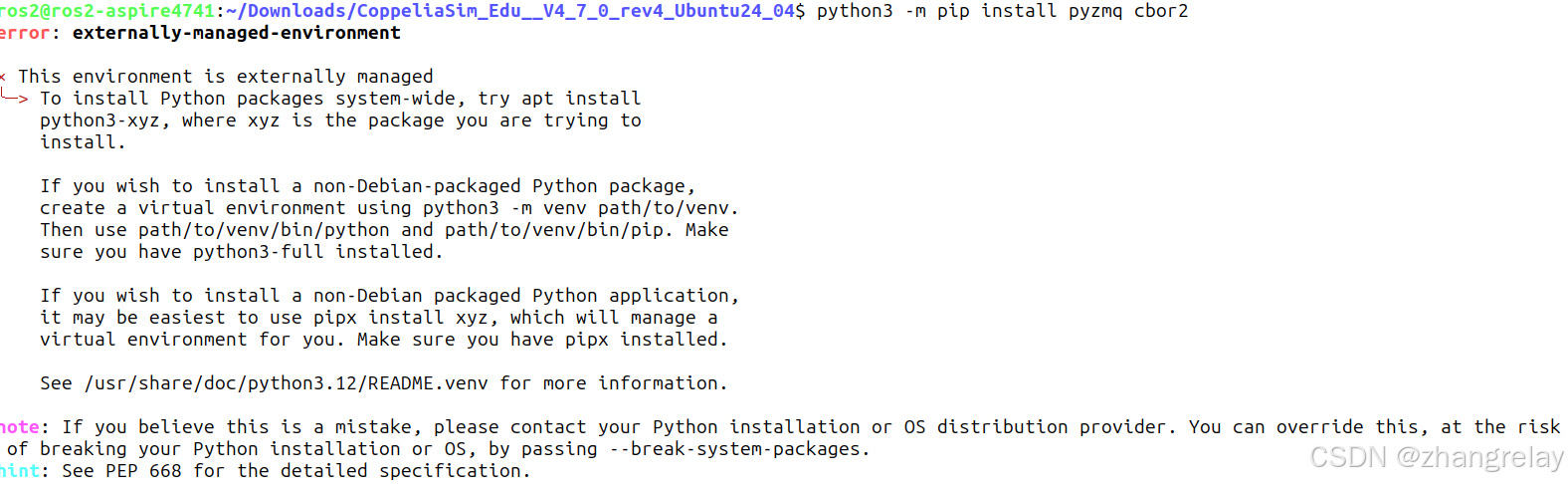 CoppeliaSim_Edu_V4_7_0_rev4_Ubuntu24_04 和 ROS2 Jazzy 之 python3 -m pip install pyzmq cbor2 ...