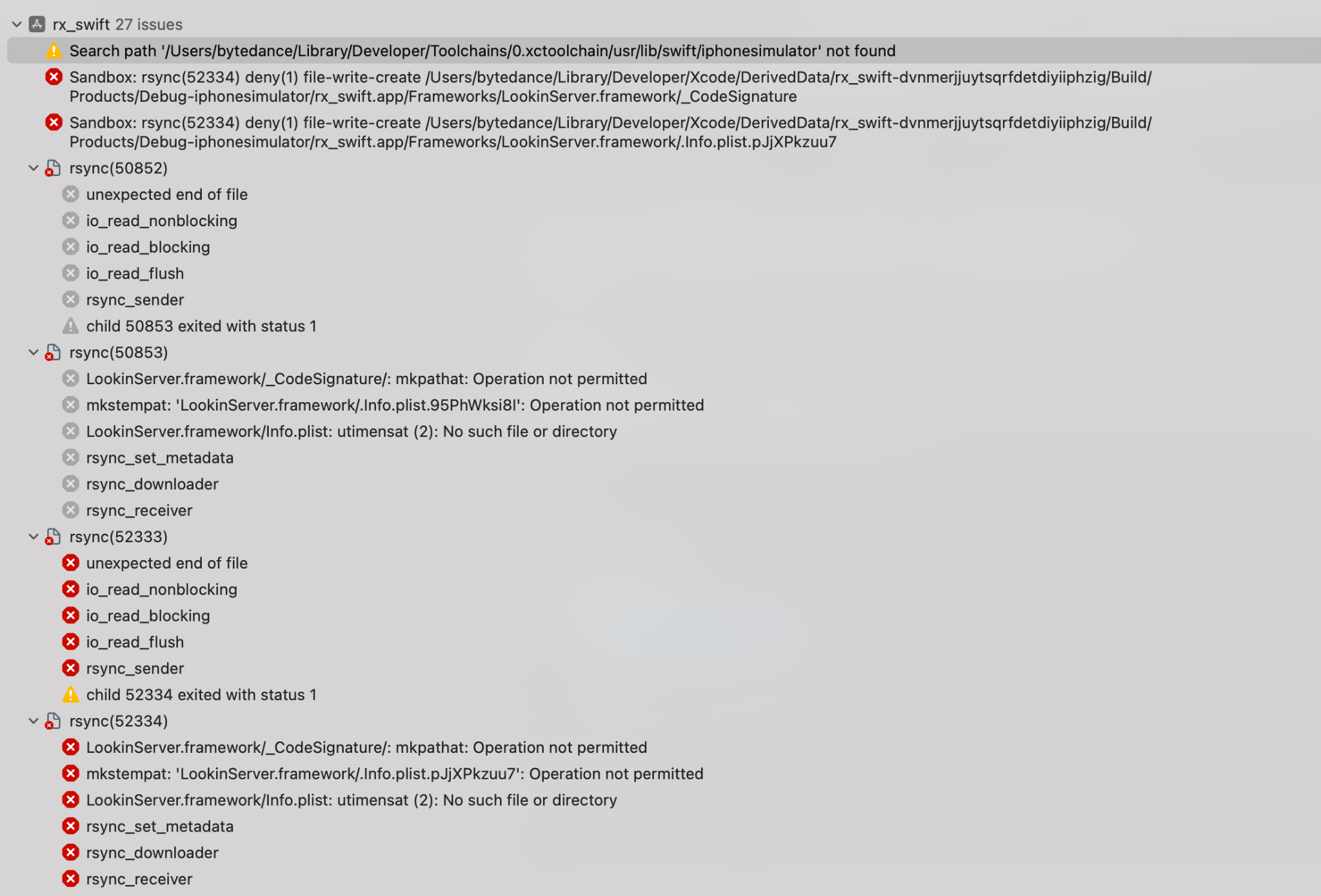 Sandbox: rsync(56355) deny(1) file-write-create /Users/bytedance/Library/Developer/Xcode ...