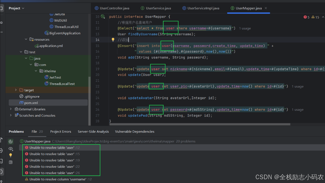 项目可以正常运行，但是idea报错Unable to resolve table ‘表名’（UserMapper.java）_unable to resolve table 'user-CSDN博客