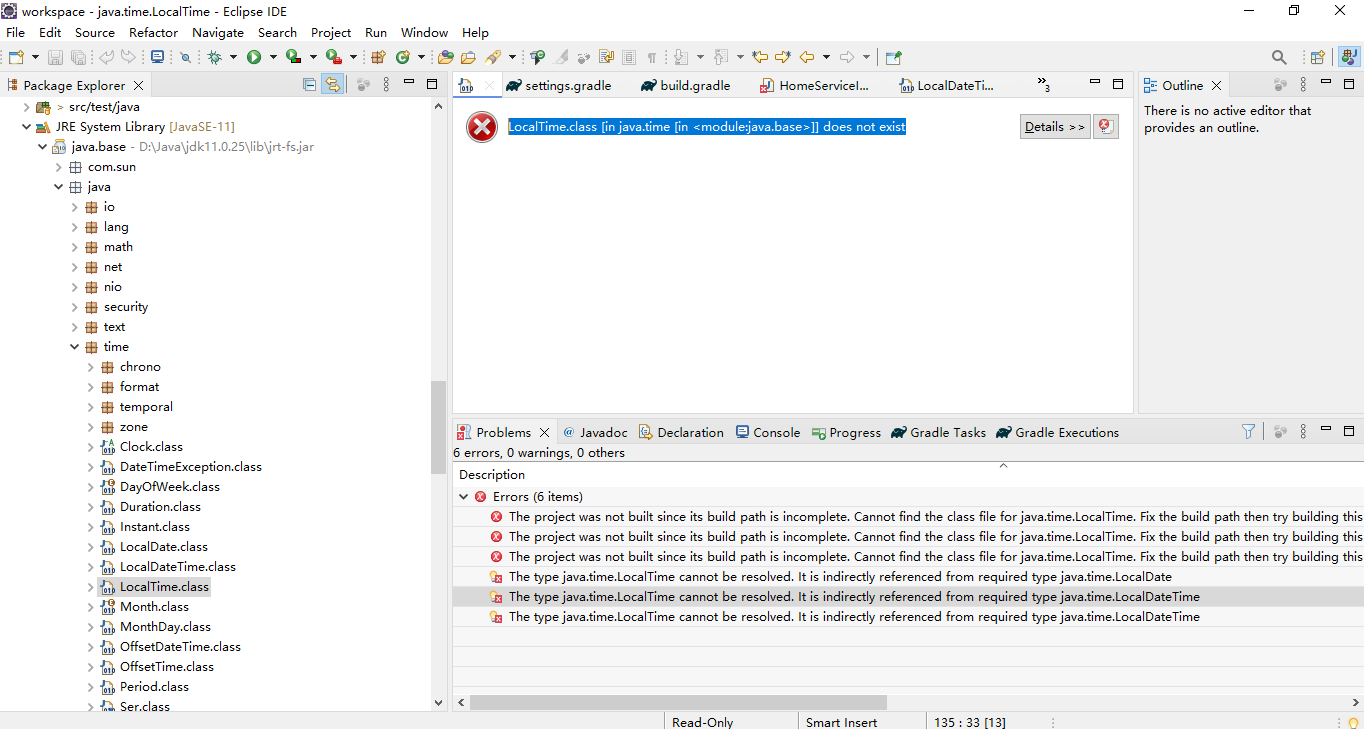 The type java.time.LocalTime cannot be resolved. It is indirectly referenced from required type ...