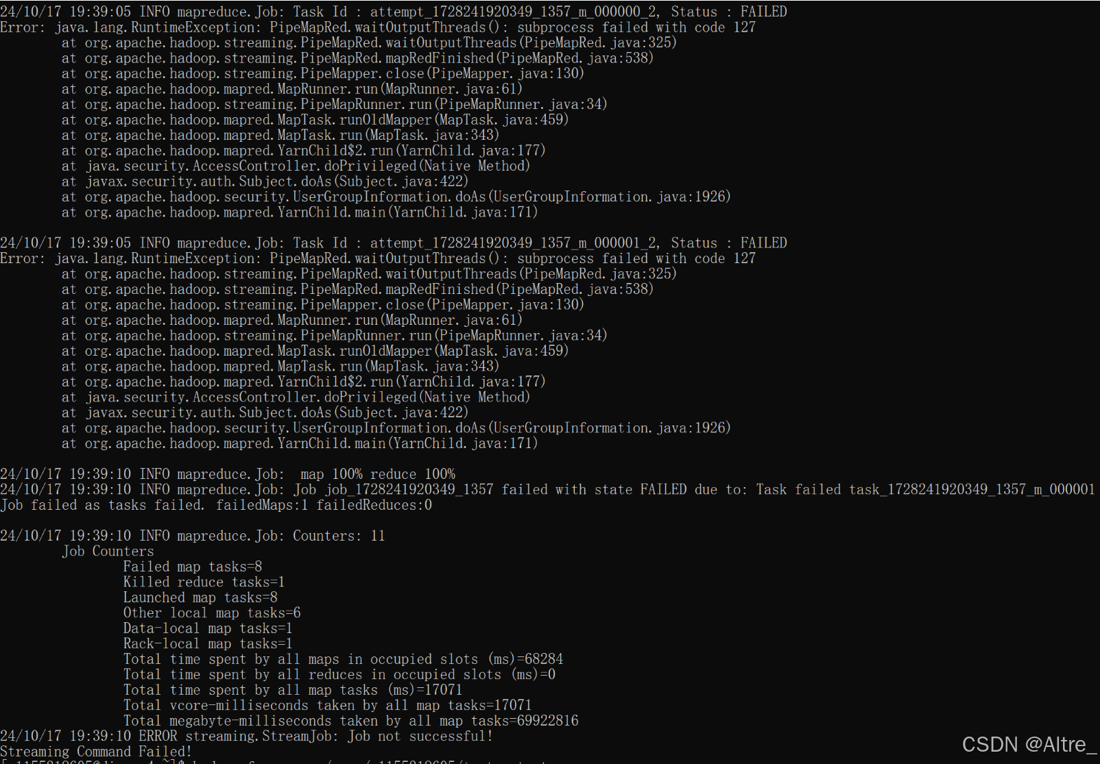 解决Python运行Hadoop错误“java.lang.RuntimeException: ...subprocess failed with code 127”_llama runner ...