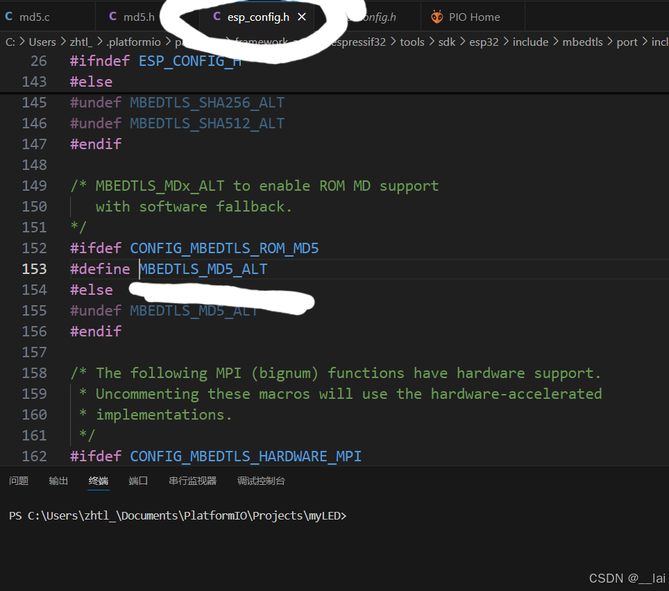 Arduino-ESP32使用Mbedtls库进行MD5加密 编译时提示mbedtls_md5_starts函数未定义无法编译通过 解决方案_esp32 md5-CSDN博客