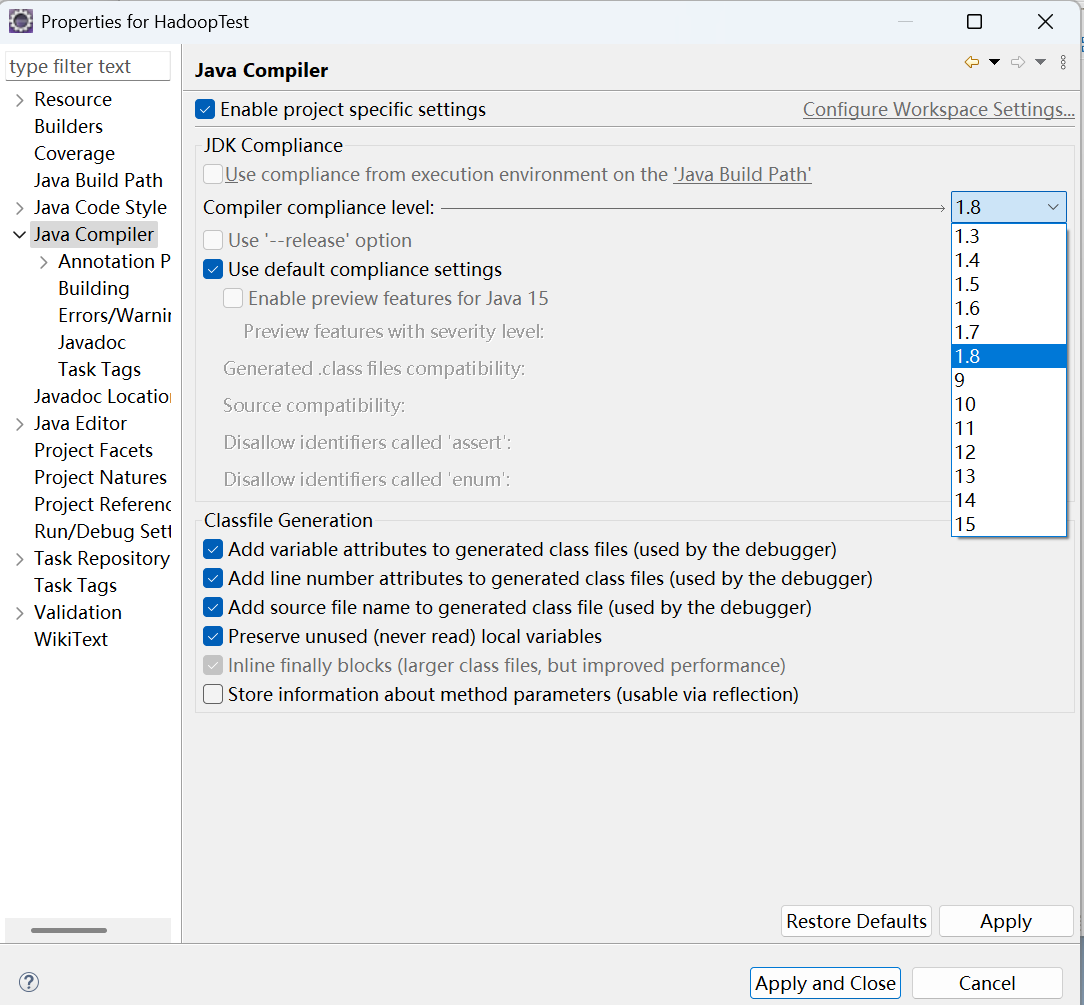 在eclipse中直接运行hadoop项目的jdk配置方案。解决java 版本不兼容：代码用 Java 15（类文件版本 590）编译的，但