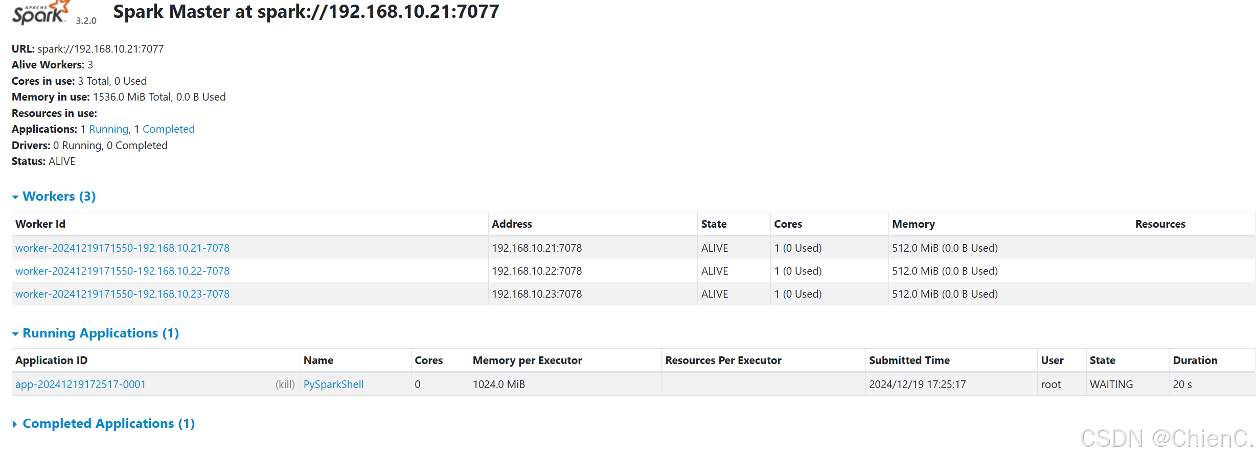 spark集群： WARN TaskSchedulerImpl: Initial job has not accepted any resources； check your cluster ...