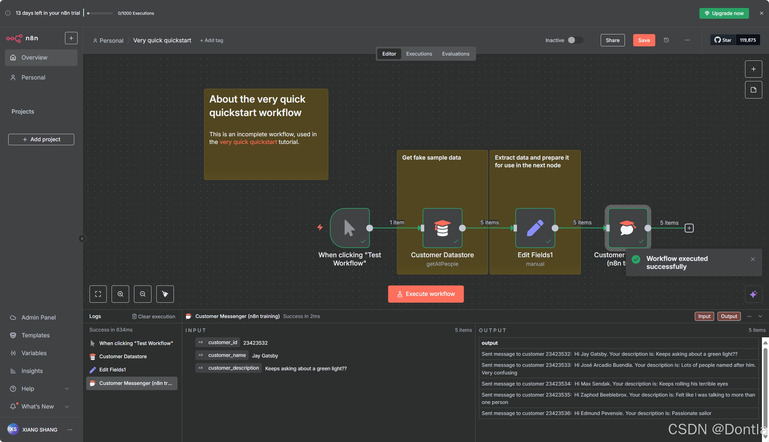 【n8n教程笔记——工作流Workflow】快速开始：1、超快速入门（The very quick quickstart）（生成假数据并删选输出）（n8n模板、n8n表达式）_n8n删除工作流 ...