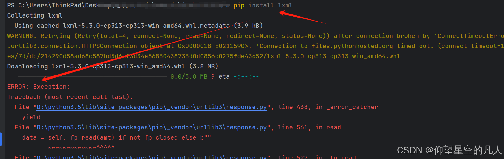 pycharm下载安装模块的时候出现ERROR: Exception:Traceback (most recent call last):_error: exception ...