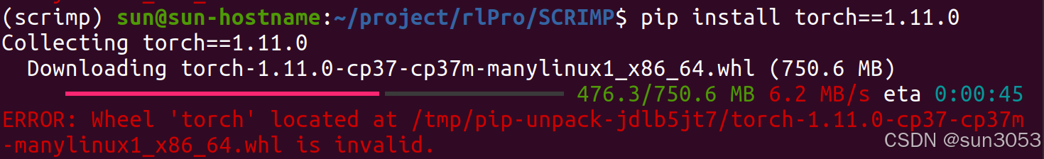 ERROR: Wheel ‘torch‘ located at /tmp/pip-unpack-jdlb5jt7/torch-1.11.0-cp37-cp37m-manylinux1_x86 ...