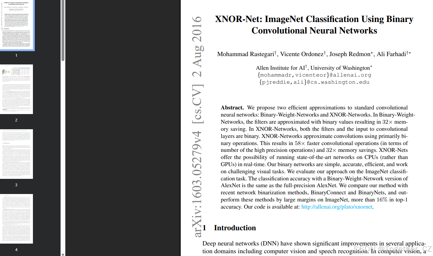XNOR-Net: ImageNet Classification Using Binary Convolutional Neural Networks——使用二值卷积神经网络的 ...