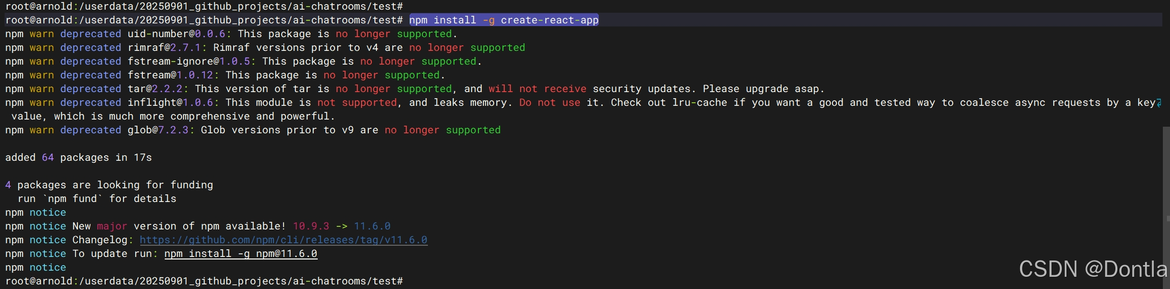 npm install -g create-react-app出现超多警告解决方案（This package is no longer ...