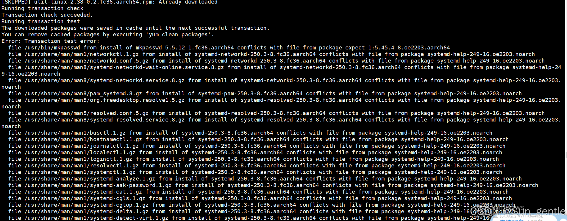 systemd-250.3-8.fc36.aarch64 conflicts with file from package systemd-help-249-16.oe2203.noarch ...