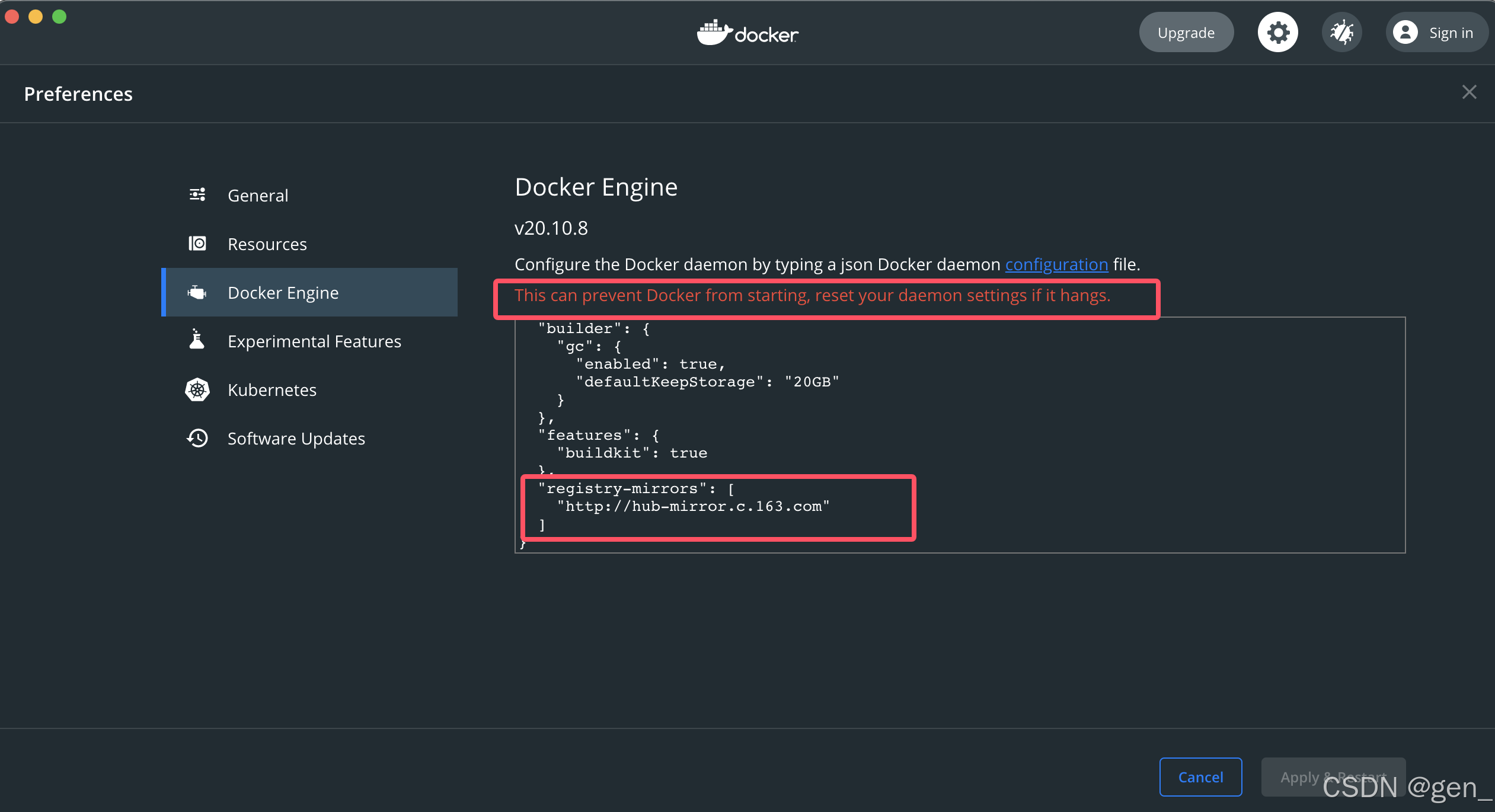 Mac中修改Docker镜像配置提示This can prevent Docker from starting, reset your daemon settings if it hangs ...
