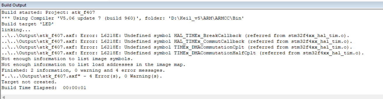 keil开发问题：..\..\Output\atk_f407.axf: Error: L6218E: Undefined symbol ...