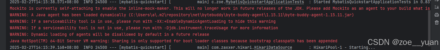 对idea的Springboot项目，使用MyBatis进行数据库操作的时候，出现大面积警告问题，Mockito is currently self-attaching...，Java ...