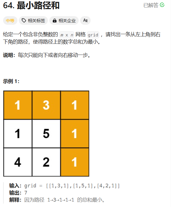 Leetcode Hot100 第86题 64.最小路径和-CSDN博客
