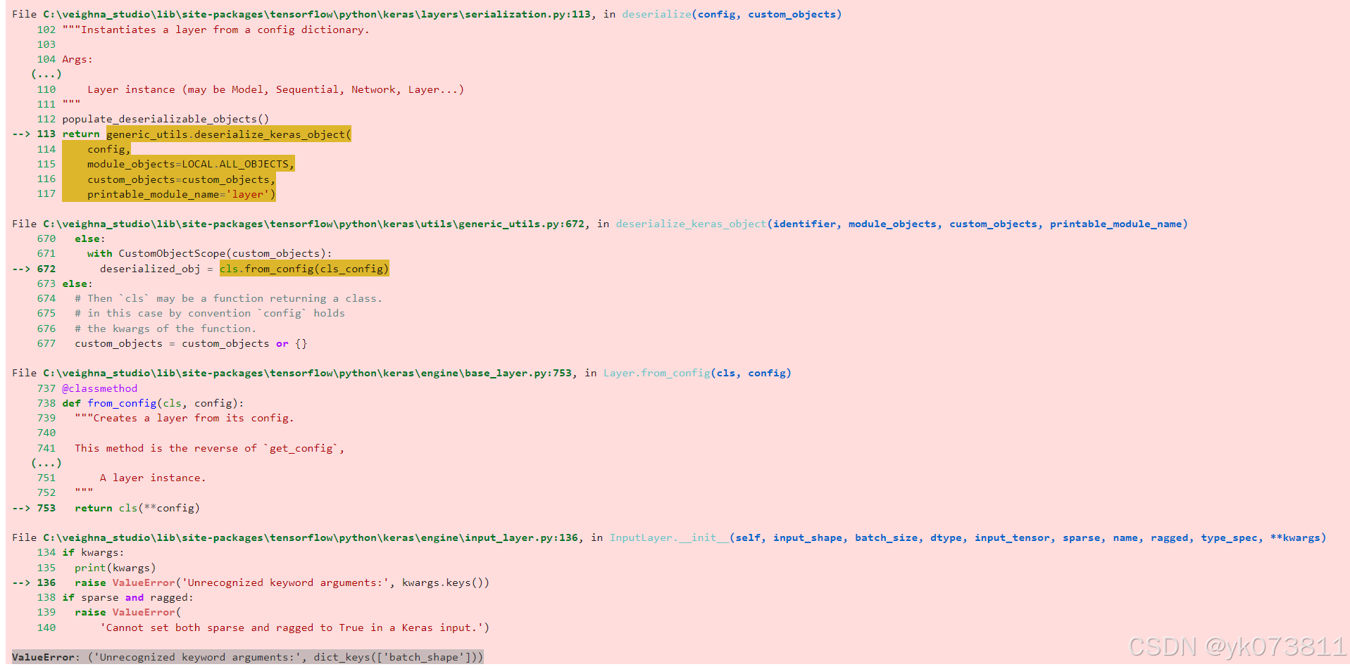 ValueError: (‘Unrecognized keyword arguments:‘, dict_keys([‘batch_shape‘]))_valueerror ...