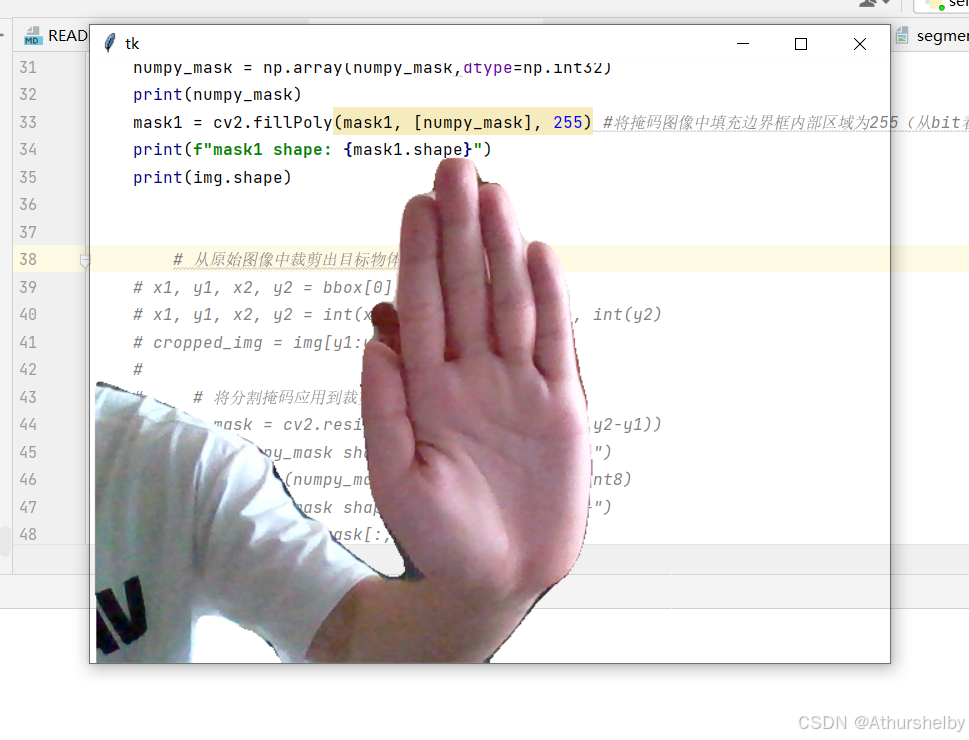 如何使用python实现将通过摄像头捕获并经过yolov8 Seg模型分割后的带有透明度的图像进行显示,实现实时视频分割,用(tkinter)tk库实现显示。python Tkinter