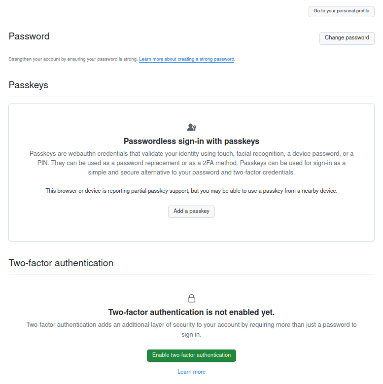 github 的几种登录方式：Password, Passkeys, Two-factor authentication ； SSH and GPG keys_github passkey ...