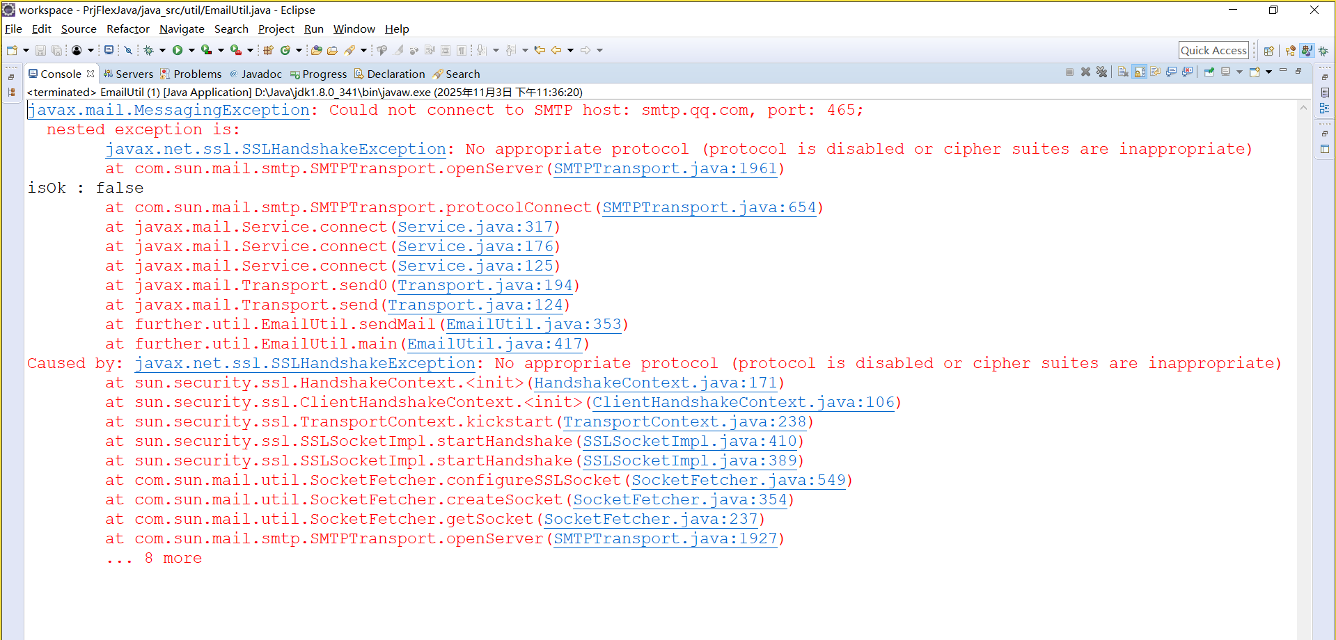 javax.mail.MessagingException: Could not connect to SMTP host: smtp.qq ...