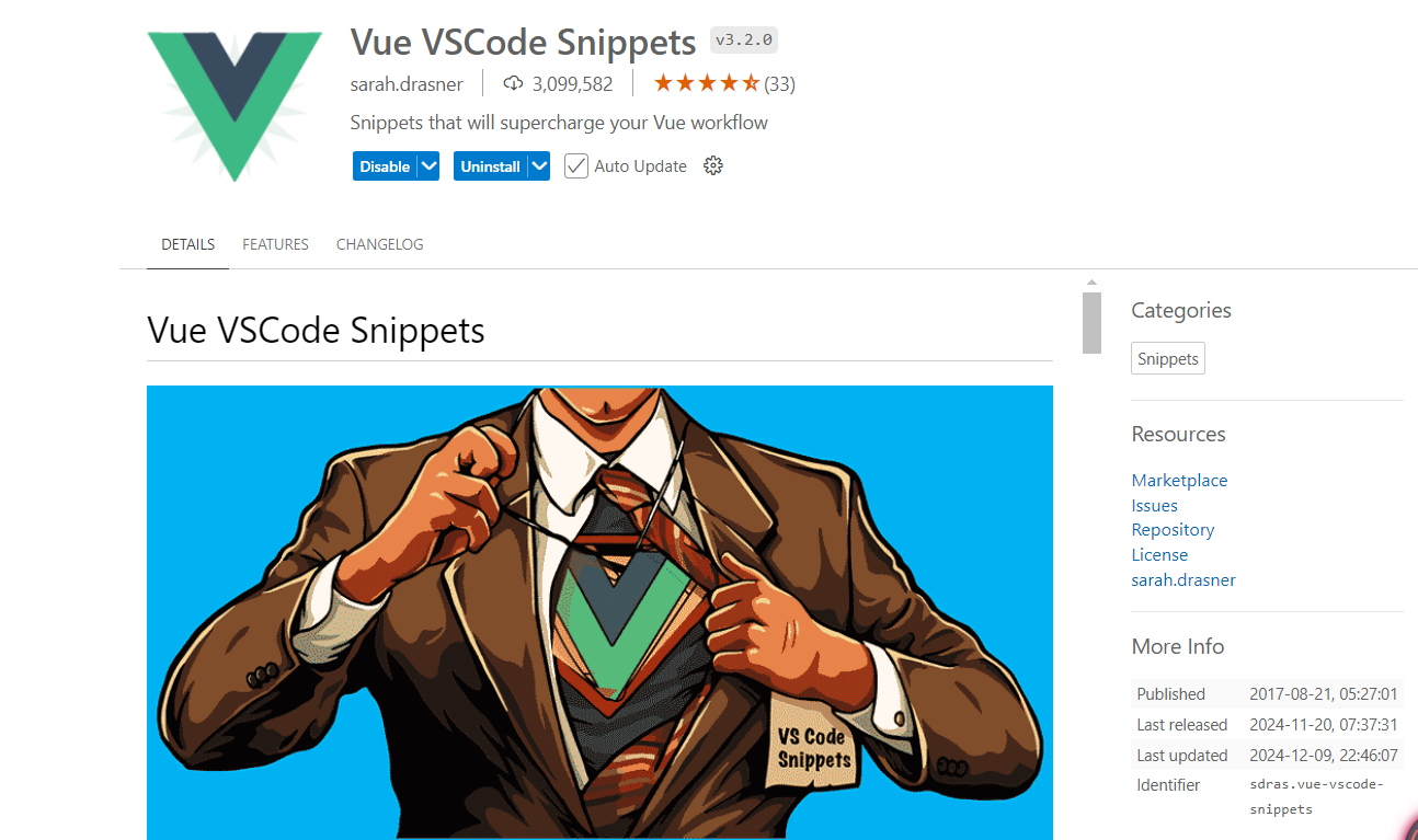 vs code安装插件Vue VSCode Snippets，实现快捷键生成vue代码模板和代码片段，包含详细步骤和截图，亲测可用_vscode安装vue插件-CSDN博客