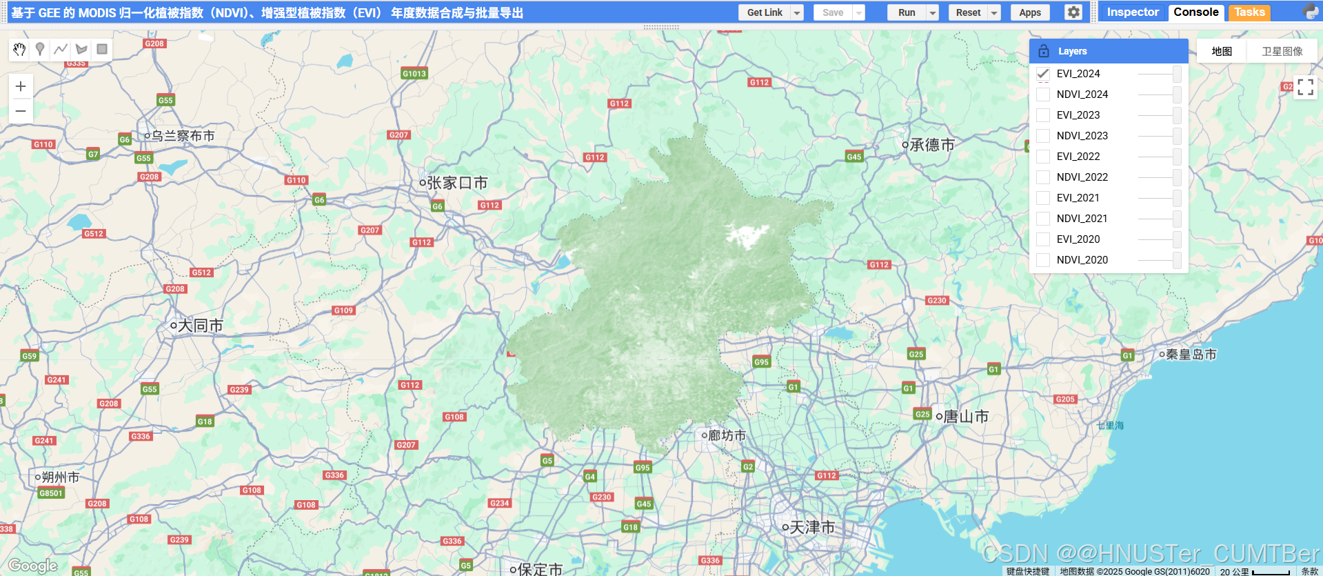 基于 GEE 的 MODIS 归一化植被指数（NDVI）、增强型植被指数（EVI） 年度数据合成与批量导出_gee下载年尺度ndvi数据-CSDN博客