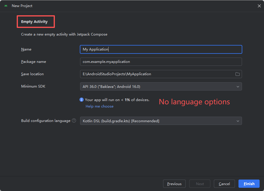 新版本Android Studio中Empty Activity无法创建Java项目_android studio新建项目选择empty activity后为什么不能选java-CSDN博客