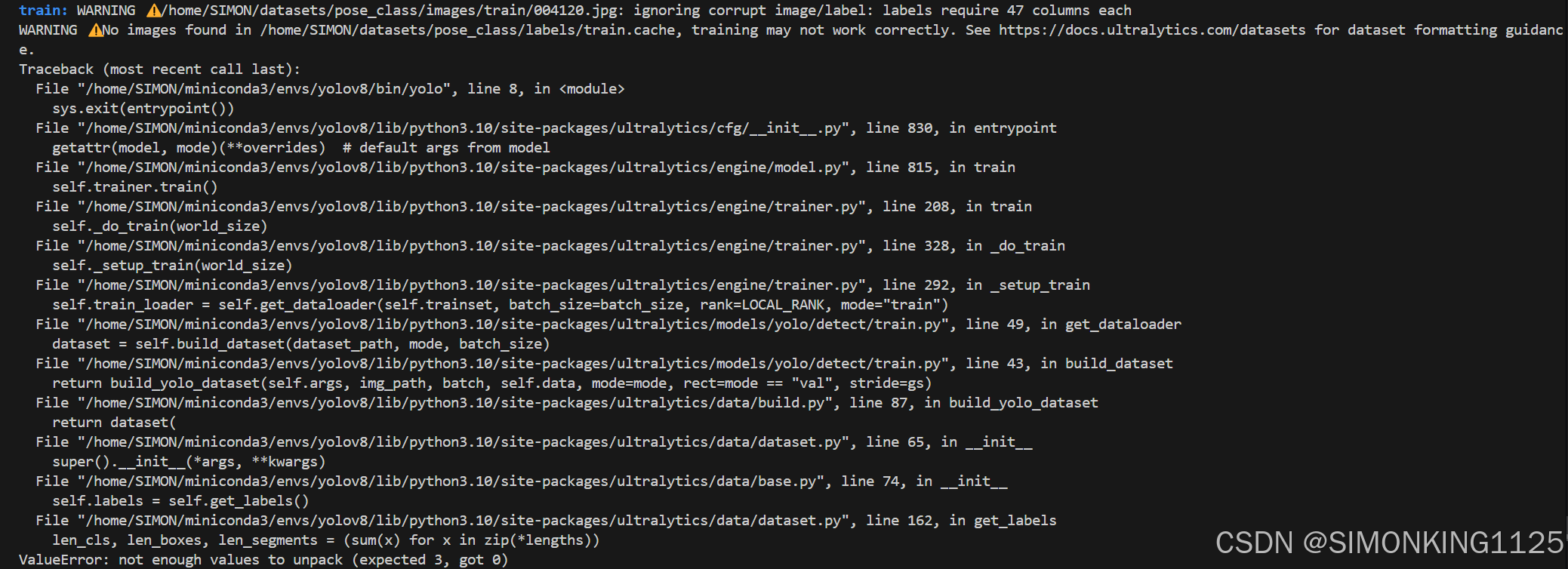 训练yolov8-pose遇到“ValueError:not enough values to unpack(expected 3,got 0)”问题_error: expected "0. ...