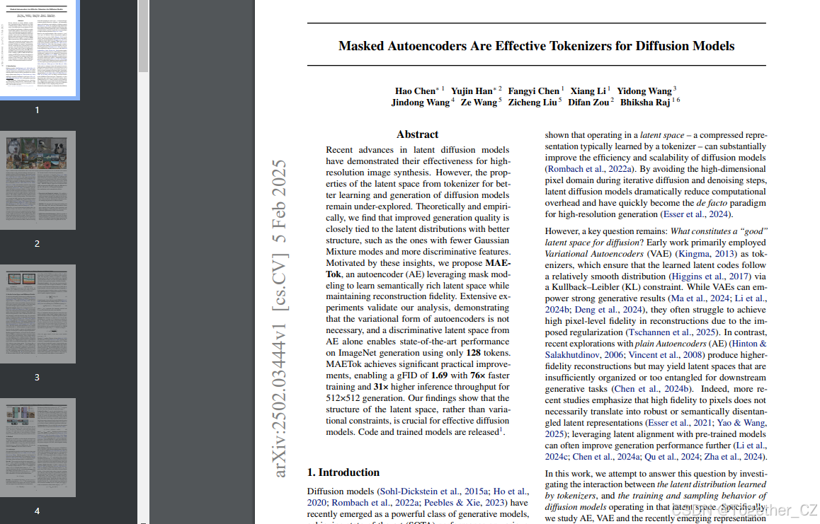 Masked Autoencoders Are Effective Tokenizers for Diffusion Models——掩码自编码器是扩散模型的有效分词器_rfid gfid ...