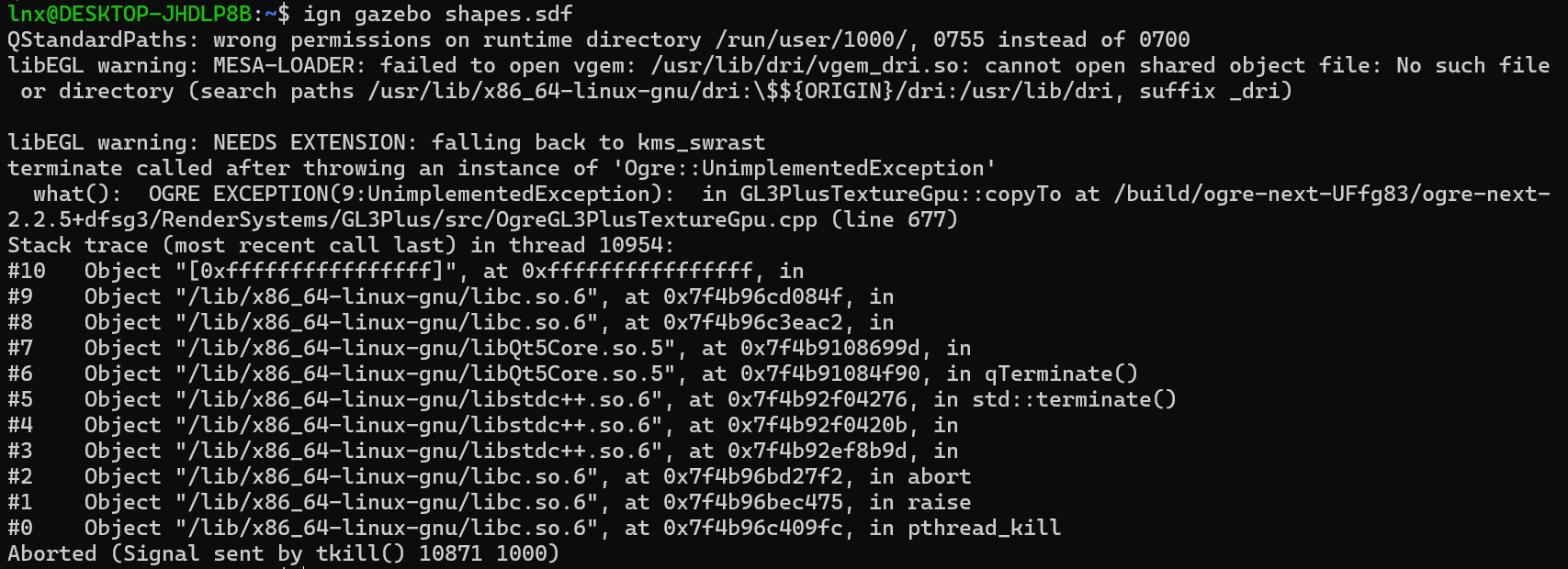 在WSL2中运行ign gazebo shapes.sdf，出现闪退并显示libEGL warning: MESA-LOADER: failed to open vgem的解决方法_wsl2 ...