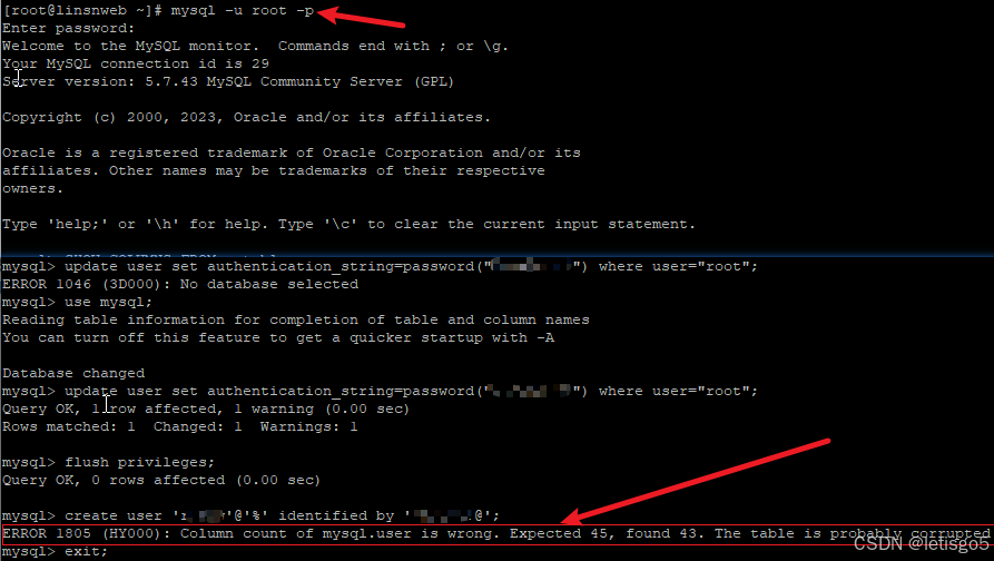 ERROR 1805 (HY000): Column count of mysql.user is wrong. Expected 45, found 43. The table is ...