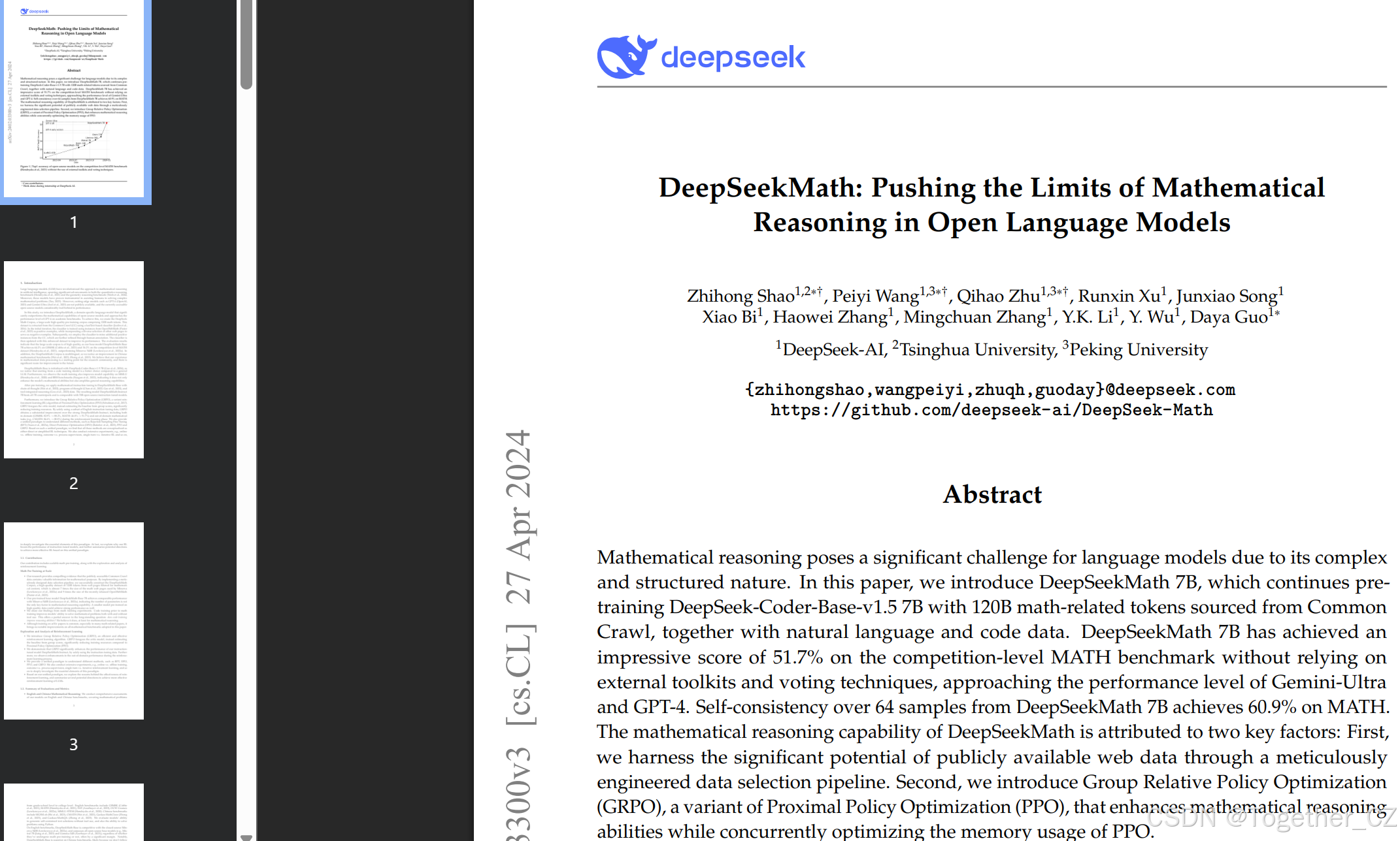 DeepSeekMath: Pushing the Limits of Mathematical Reasoning in Open Language Models—在开放语言模型中推动数学 ...