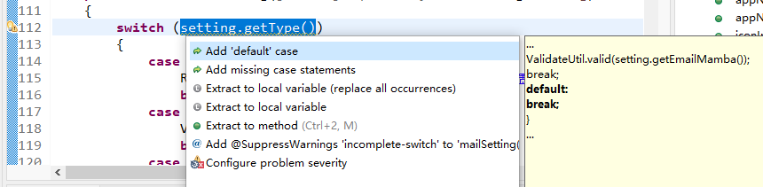 The enum constant NONE needs a corresponding case label in this enum switch on MailSetting ...