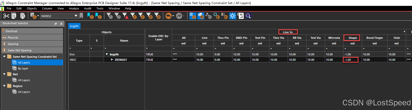 cadence SPB17.4 - allegro - DRC error “Line to Shape Same Net Spacing ...