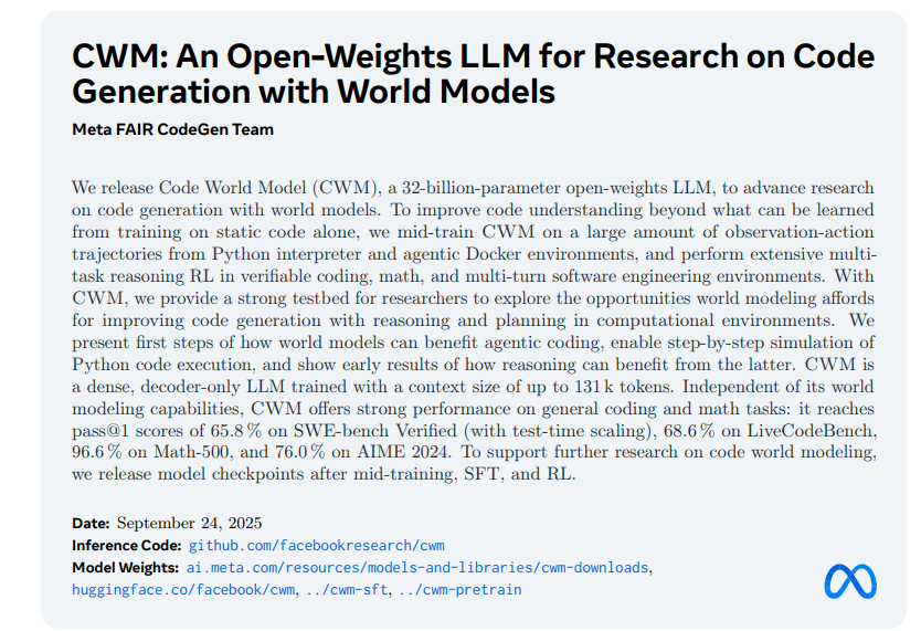 LeCun 团队推出 CWM——全球首款代码世界模型，AI code从此能“想象执行效果“，MetaAI新征程起航！_代码世界模型cwm本地部署-CSDN博客