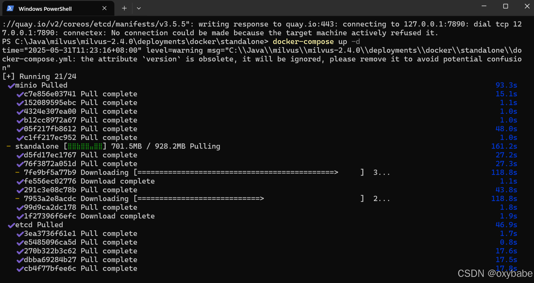 Milvus向量库（CPU 版，轻量级部署）单独跑docker容器-流程_milvus 单机服务器 cpu-CSDN博客