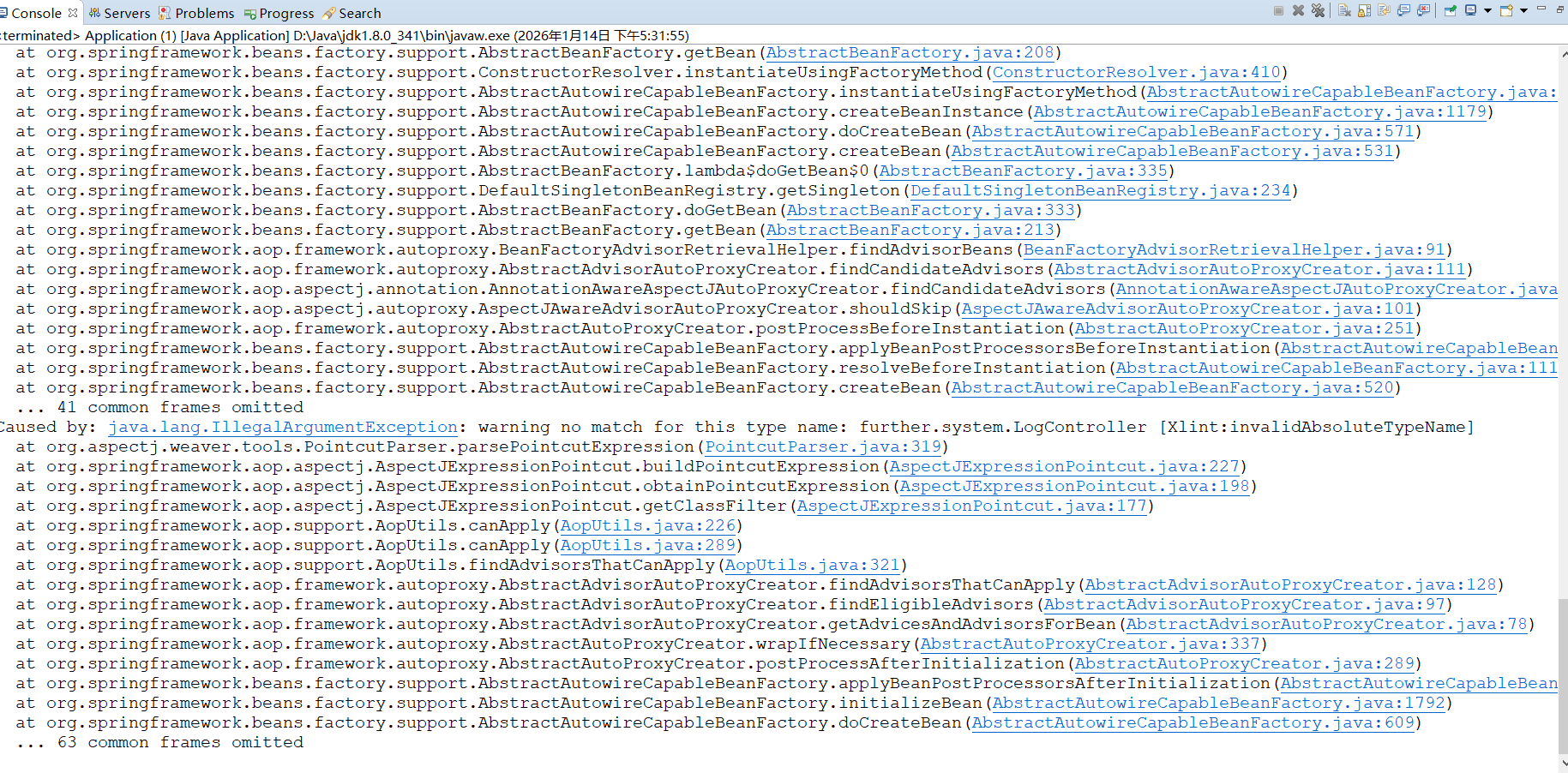 java.lang.IllegalArgumentException: warning no match for this type name: further.system ...